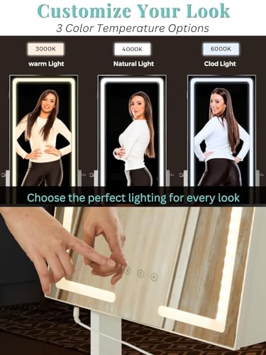 LUXFURNI LED Light Jewelry Cabinet Standing Full Screen Mirror Makeup Lockable Armoire, Large Cosmetic Storage Organizer w/Brush Holder (White)