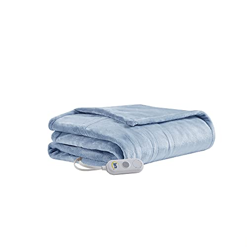 Serta Luxuriously Soft Plush Electric Blanket Fast Heating Cozy Cover, Safety Auto Shut Off Timer, Low EMF, Multi Heat Setting, ETL Certified, Machine Washable, Sea Blue Throw (50 in x 60 in)