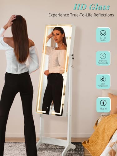 LUXFURNI LED Light Jewelry Cabinet Standing Full Screen Mirror Makeup Lockable Armoire, Large Cosmetic Storage Organizer w/Brush Holder (White)