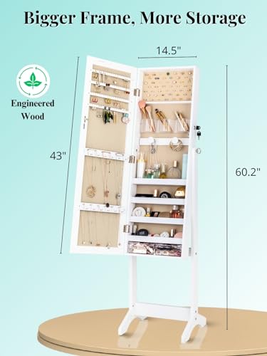 LUXFURNI LED Light Jewelry Cabinet Standing Full Screen Mirror Makeup Lockable Armoire, Large Cosmetic Storage Organizer w/Brush Holder (White)