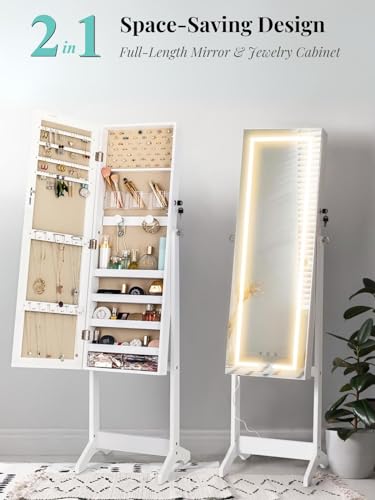 LUXFURNI LED Light Jewelry Cabinet Standing Full Screen Mirror Makeup Lockable Armoire, Large Cosmetic Storage Organizer w/Brush Holder (White)