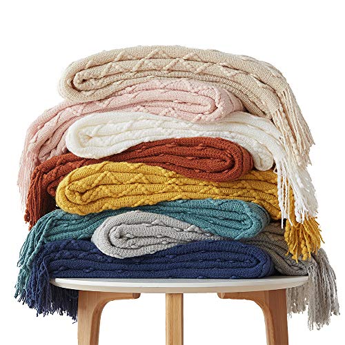 SunStyle Home Rust Throw Blanket for Couch 50 x 60 inches - Decorative Knitted Summer Blankets with Tassels - Soft Lightweight Woven Textured Solid Farmhouse Throw for All Seasons