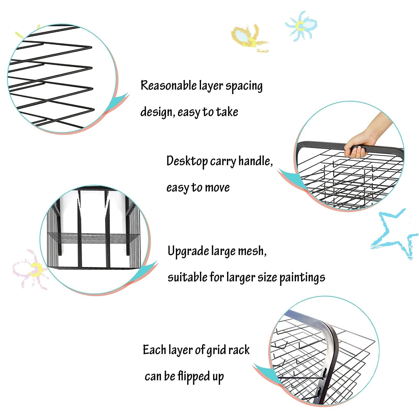 THEGA Artwork Storage Display Rack - Metal Steel Double Sided Artwork Drying Rack with 20 Wire Shelves for Classrooms Paintings, Art Studios and Home Use, Black Powder Coated Finish