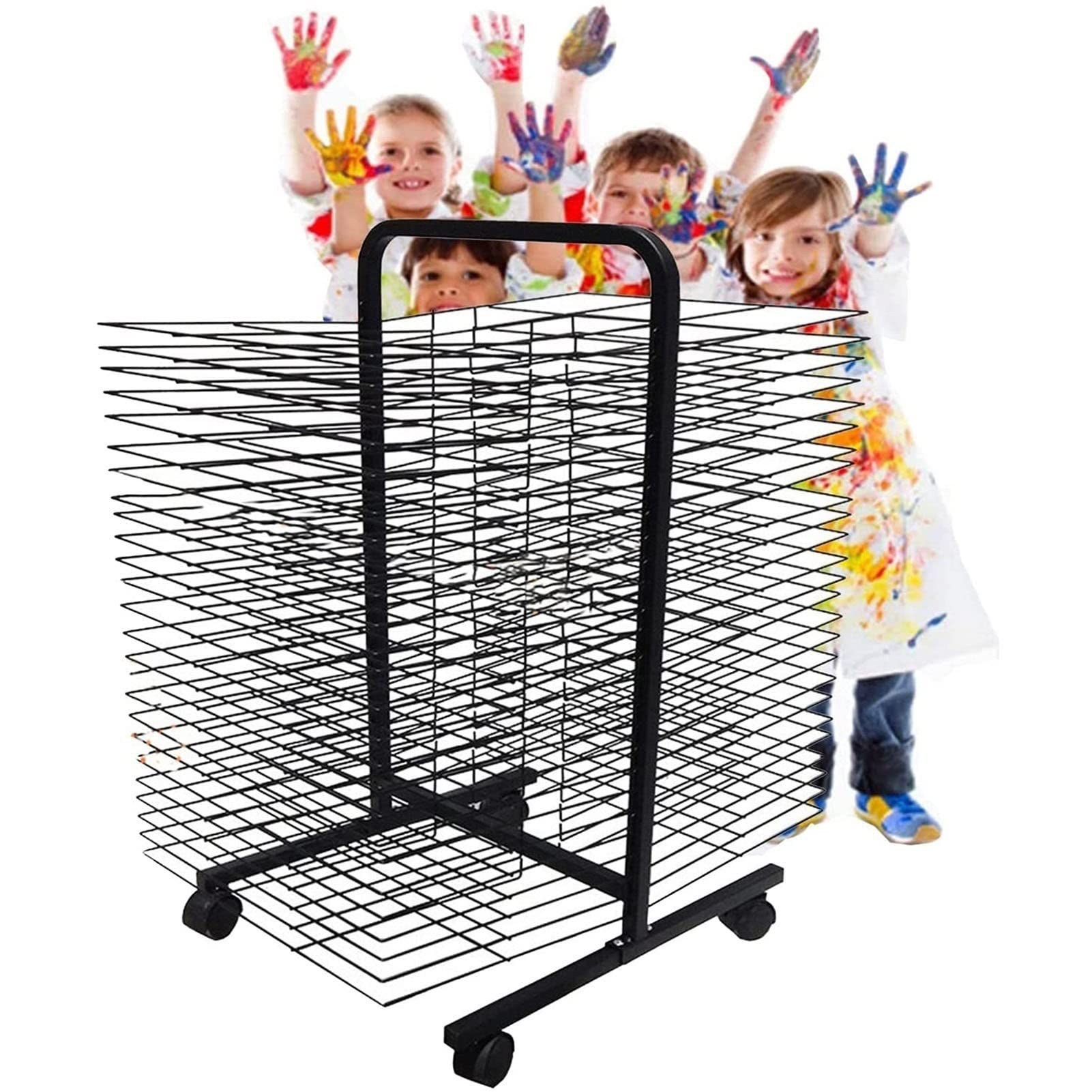 JIAHESHYP Art Drying Rack for Artist Painting Panels, A3 Paper & Prints, Metal Steel Double Sided 50 Wire Shelves Drying Rack Artwork Organizer for Classroom, Art Studios and Home Use, Black