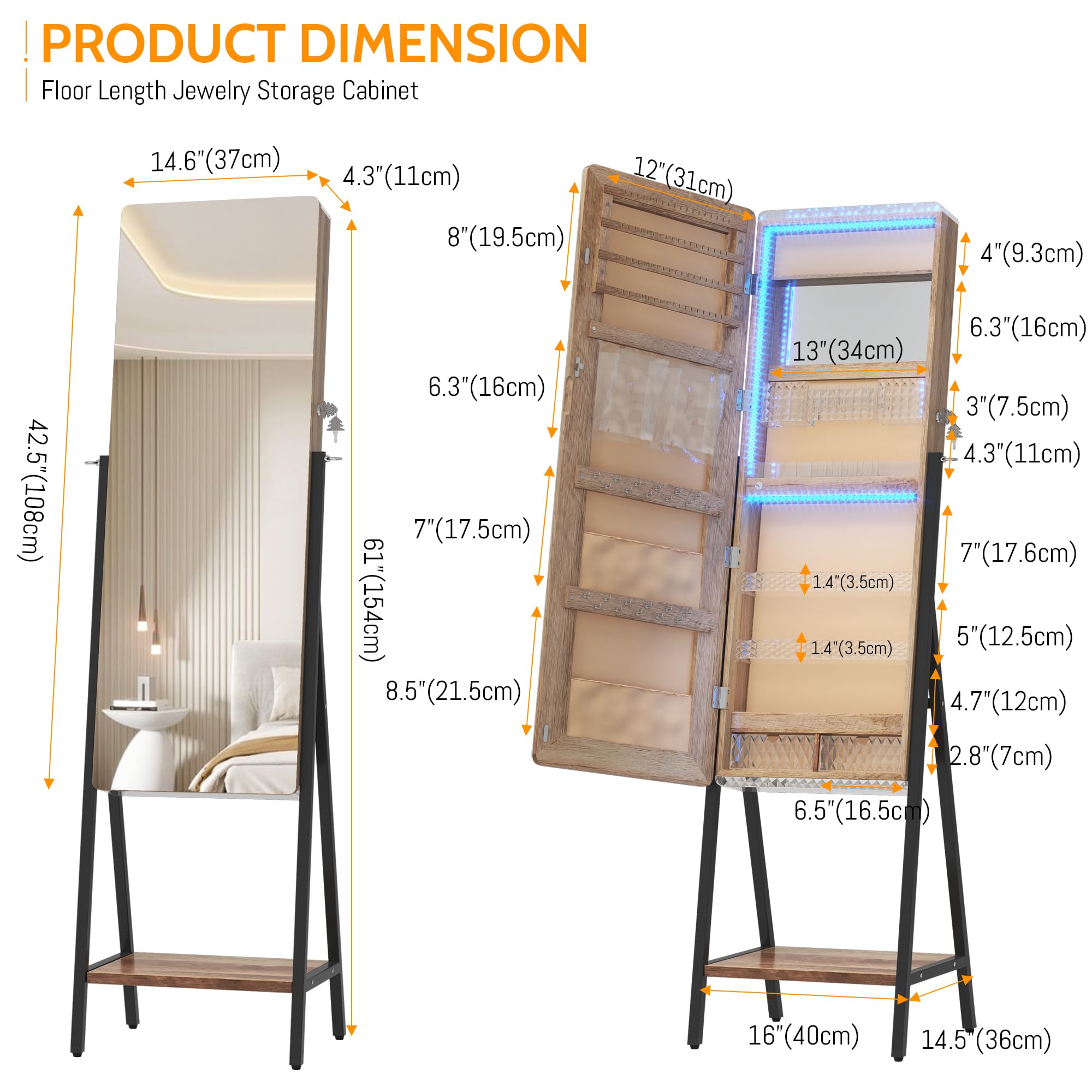 LVSOMT LED Standing Jewelry Mirror Cabinet, Stand Up Full Length Mirror with Storage, Lockable Floor Jewelry Armoire Organizer with 2 Drawers, Bottom Shelf, Built-in Lighted Makeup Mirror (Brown)