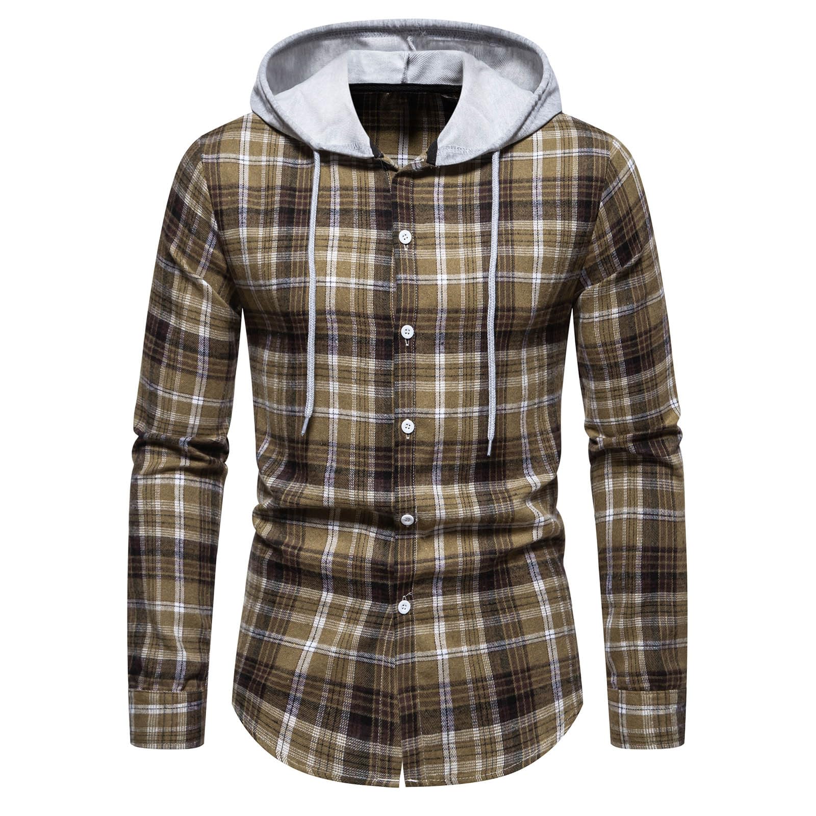 Muscularfit fall clothes for men Crewneck Sweatshirts Men Fall Fashion Plaid Button Down Shirt Causal Drawstring Long Sleeve Hoodie Checkered Coat deals of the day clearance Yellow L