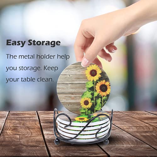 Sunflower Drink Coasters Set of 6 with Holder Absorbent Ceramic Coasters for Wooden Table, Farmhouse Rustic Coasters Cork Base Home Decor House Warming Gift