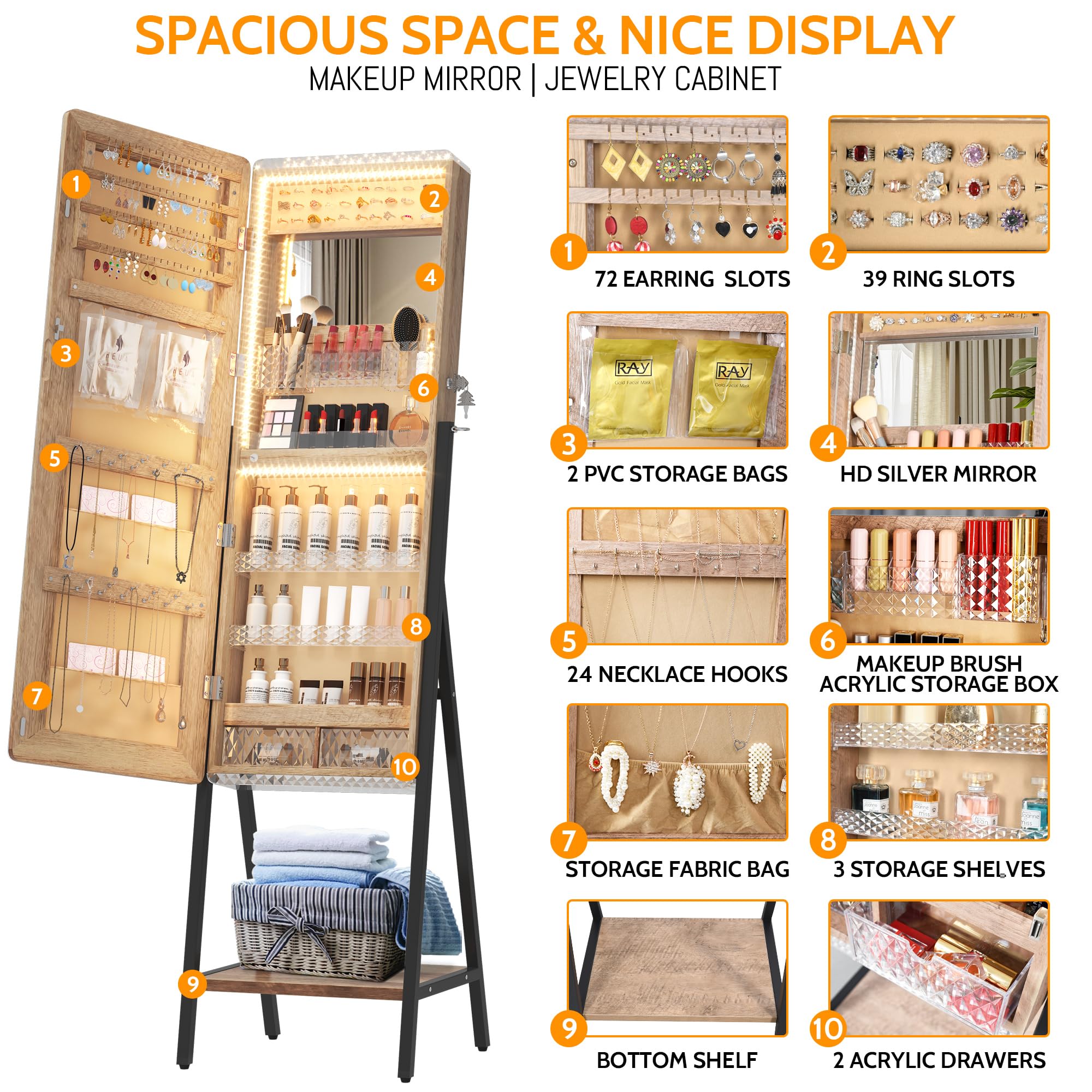 LVSOMT LED Standing Jewelry Mirror Cabinet, Stand Up Full Length Mirror with Storage, Lockable Floor Jewelry Armoire Organizer with 2 Drawers, Bottom Shelf, Built-in Lighted Makeup Mirror (Brown)