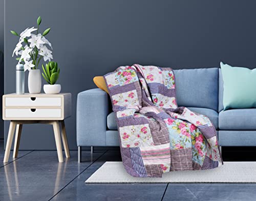 Ruvanti 100% Cotton Throw Blanket 50x70 Inch. Soft, Cozy & Warm Throw Blanket for Couch, Sofa & Bed. Lightweight, Luxury Blankets & Throws Prefect for All Seasons. Pink, Yellow Floral Reversible Print