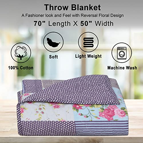 Ruvanti 100% Cotton Throw Blanket 50x70 Inch. Soft, Cozy & Warm Throw Blanket for Couch, Sofa & Bed. Lightweight, Luxury Blankets & Throws Prefect for All Seasons. Pink, Yellow Floral Reversible Print