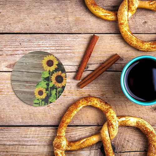 Sunflower Drink Coasters Set of 6 with Holder Absorbent Ceramic Coasters for Wooden Table, Farmhouse Rustic Coasters Cork Base Home Decor House Warming Gift