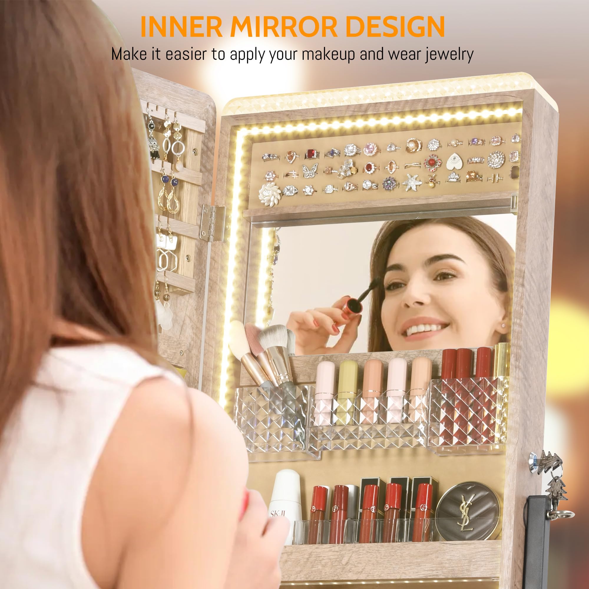 LVSOMT LED Standing Jewelry Mirror Cabinet, Stand Up Full Length Mirror with Storage, Lockable Floor Jewelry Armoire Organizer with 2 Drawers, Bottom Shelf, Built-in Lighted Makeup Mirror (Brown)