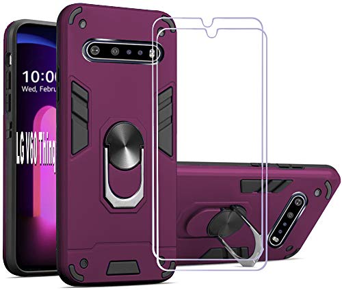 Folmeikat LG V60 Thinq/LG V60 Thinq 5G/ LG G9 Thinq Case, Screen Protector [2Pack] 360 Degree Rotating Metal Ring Slim Shock Absorption Reinforced Corner Soft TPU Silicone Case 6.8" (Wine red)