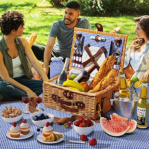 Greenstell Wicker Picnic Basket Sets for 4 Persons with High Sealing Insulation Layer,Waterproof Picnic Mat, Removable Strap and Wine Bag, Tableware, Picnic Basket for Family,Party,Outdoor,Camping