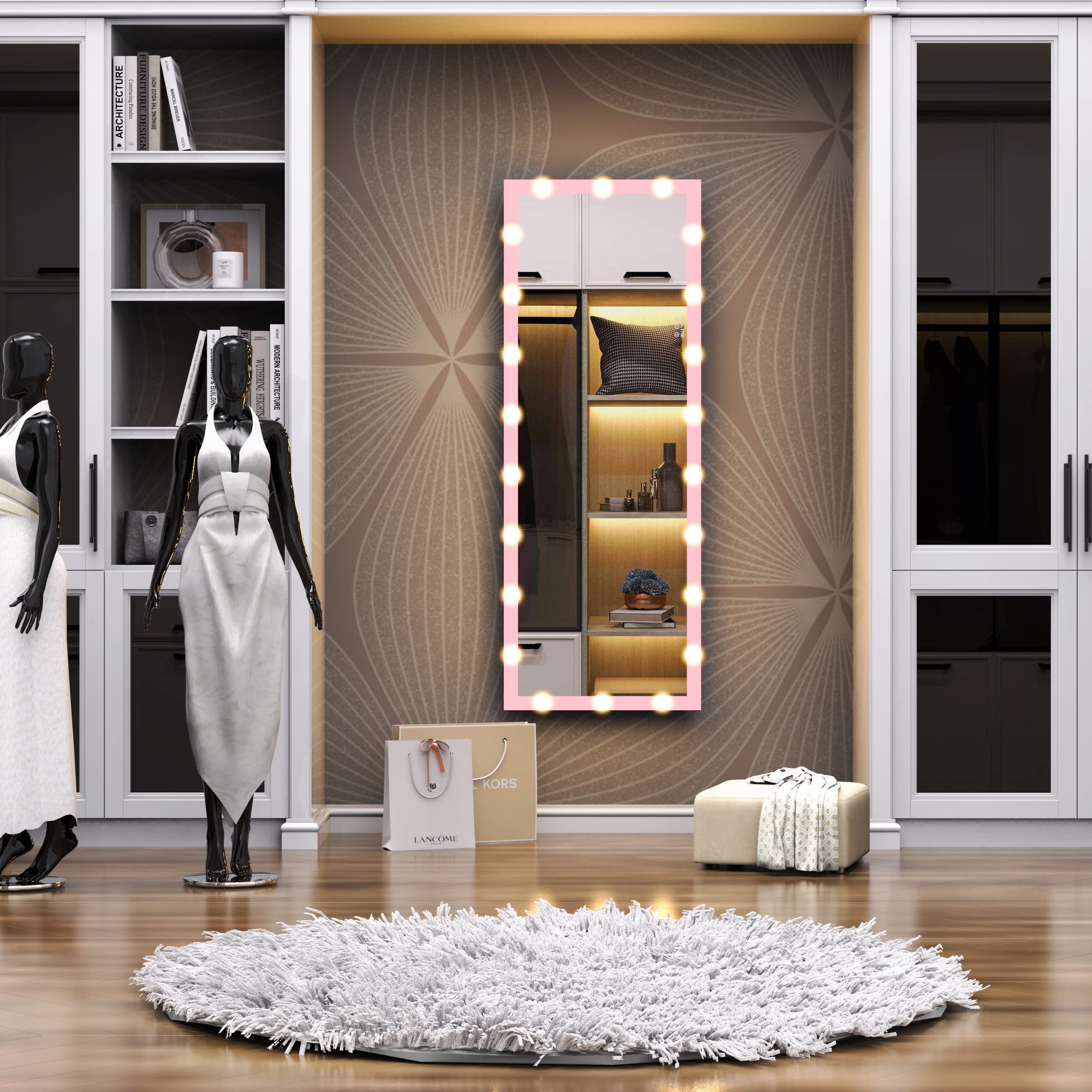 Tidyard Luxury Wall Standing Bedroom Hotel Full Length Mirror with LED Bulbs Touch Control Full Body Dressing Pink Hollywood Vanity Mirror with 3 Color Lights