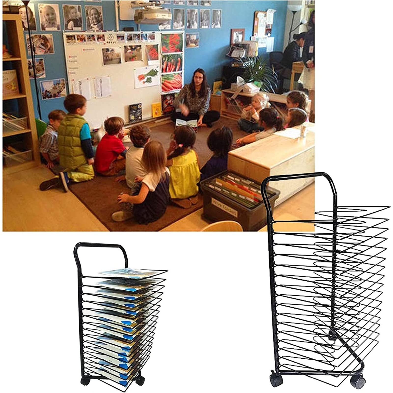 Drying Rack, 15-Shelf Mobile Classrooms Drying Rack with Detachable Steel Wire Shelves for Works of Art Studios and Home Use, Drying & Print Racks, Black Powder Coated Finish