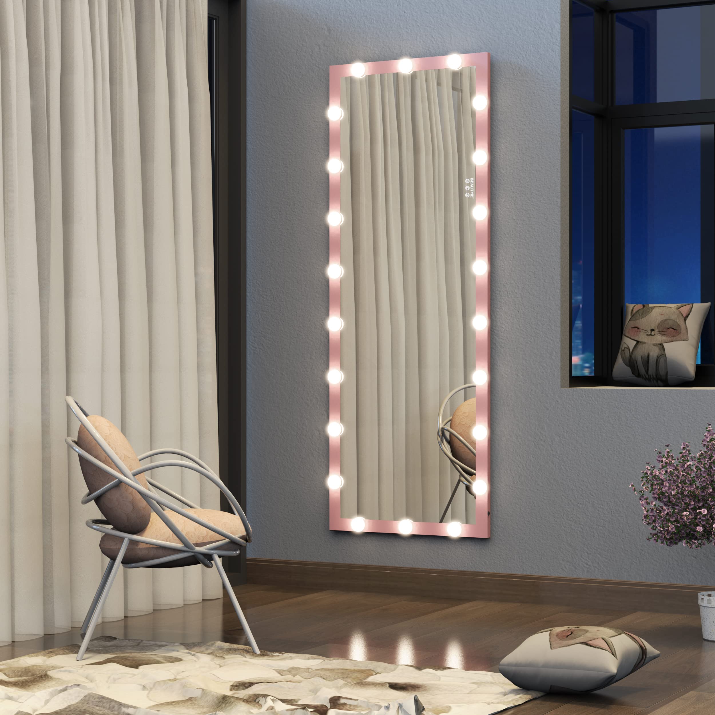 Tidyard Luxury Wall Standing Bedroom Hotel Full Length Mirror with LED Bulbs Touch Control Full Body Dressing Pink Hollywood Vanity Mirror with 3 Color Lights