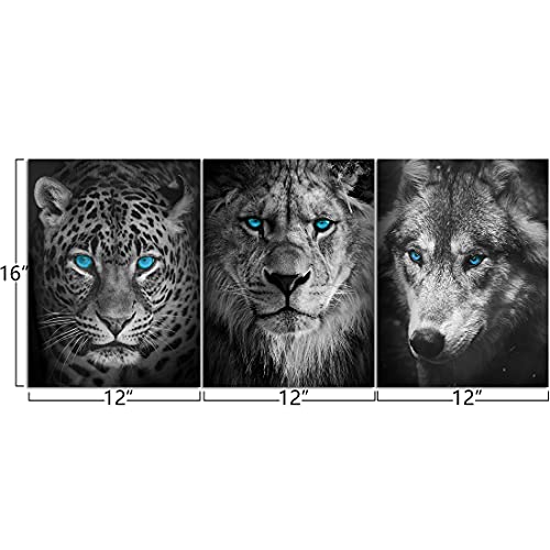 QTESPEII Black and White Animals Pictures Wall Art Decor for Bathroom Leopard Lion Wolf Head with Blue Eyes Paintings Canvas Prints Wildlife Artwork Framed Modern Home Office Decor 12"x16" 3 Panels
