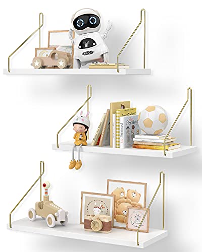 aopow White Floating Shelves for Wall - Set of 3 Hanging Wood Shelf & Wall Mounted Long Wide Deep Rustic Wooden Shelves with Gold Metal Brackets Modern for Bedroom Bathroom Living Room