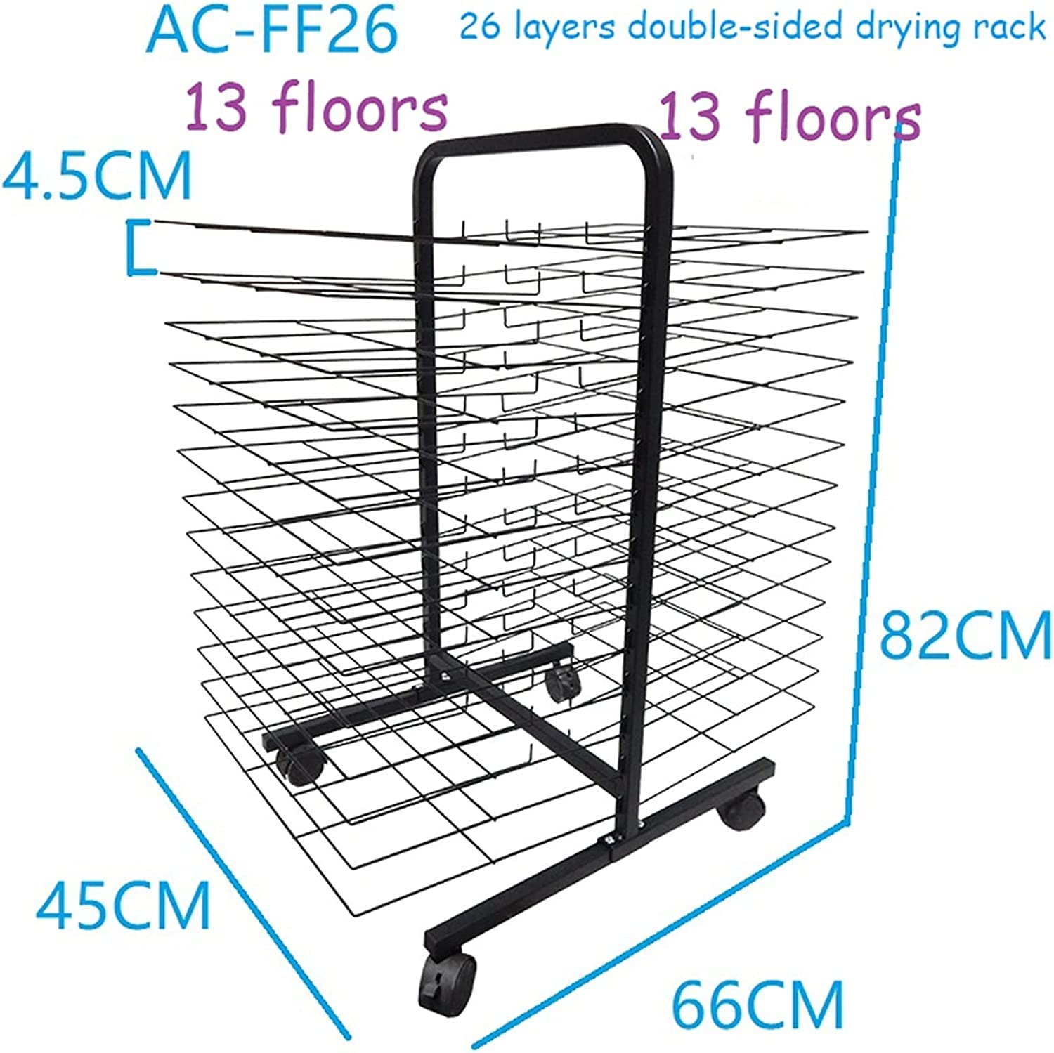Drying & Print Racks,Back-to-Back 13-Shelf Mobile Drying Rack with 26 Wire Shelves for Mobile Classrooms Art Studios and Home Use