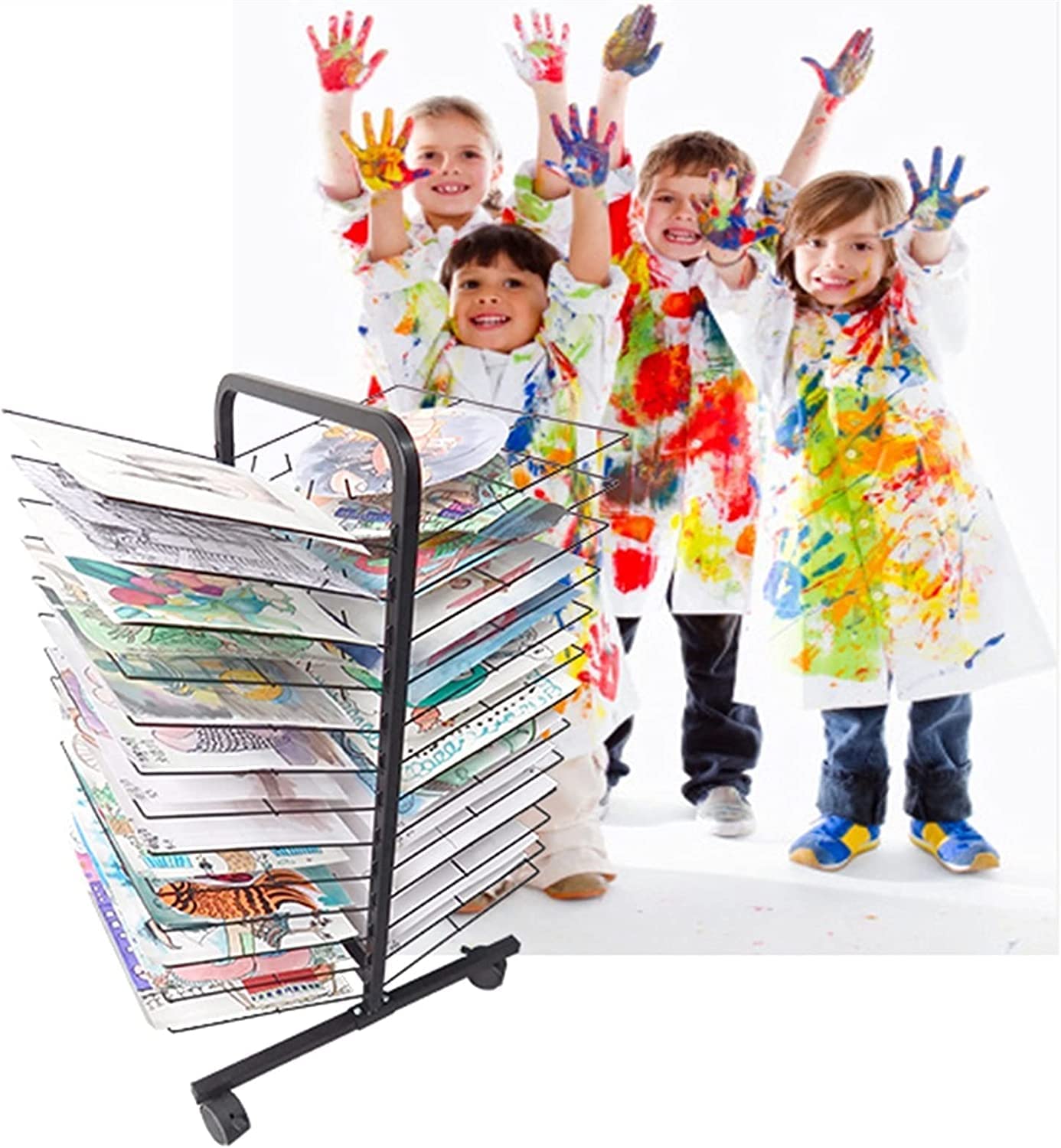 Drying & Print Racks,Back-to-Back 13-Shelf Mobile Drying Rack with 26 Wire Shelves for Mobile Classrooms Art Studios and Home Use