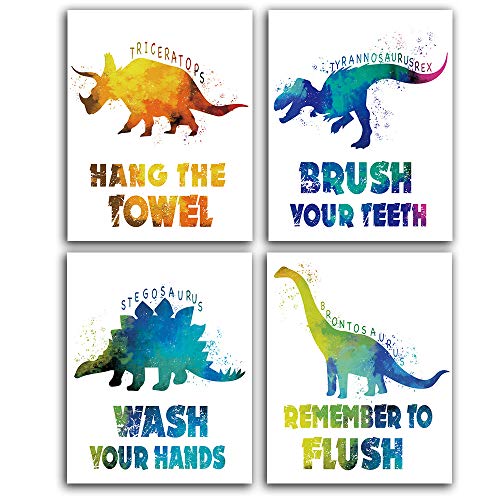 CHIEN-CHI LILI SUUURA-OO Dinosaur Watercolor Bathroom Art Prints Set of 4 (8”X10”), Dinosaur Wall Art Poster for Nursery, Boys, Son, Nephew, Kids Bathroom Decor, No Fram