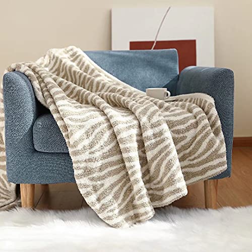 Luxury Sage Green Throw Blanket Knitted Ultra Soft Stripes Beige Blanket Zebra Pattern Air Feel Cozy Warm for Bed Sofa Couch in All Seasons