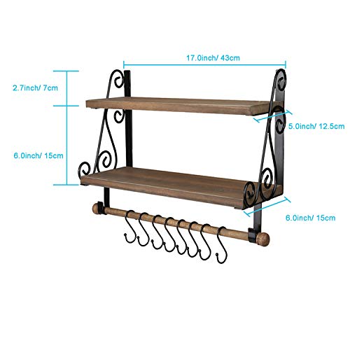Halcent Floating Shelves Wall Mounted Storage Shelves, 2-Tier Rustic Farmhouse Wood Wall Shelf Kitchen Spice Rack Bathroom Shelf with Towel Bar and 8 Hooks