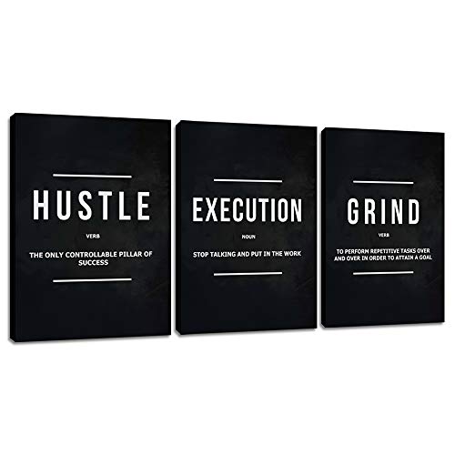 Motivational Posters Inspirational Wall Art Motivation Canvas Paintings Wooden Framed Hustle Wall Decor Black 3 Pieces Office Wall Art for Living Room Bedroom Home Decor Easy to Hang(36”Wx16”H)