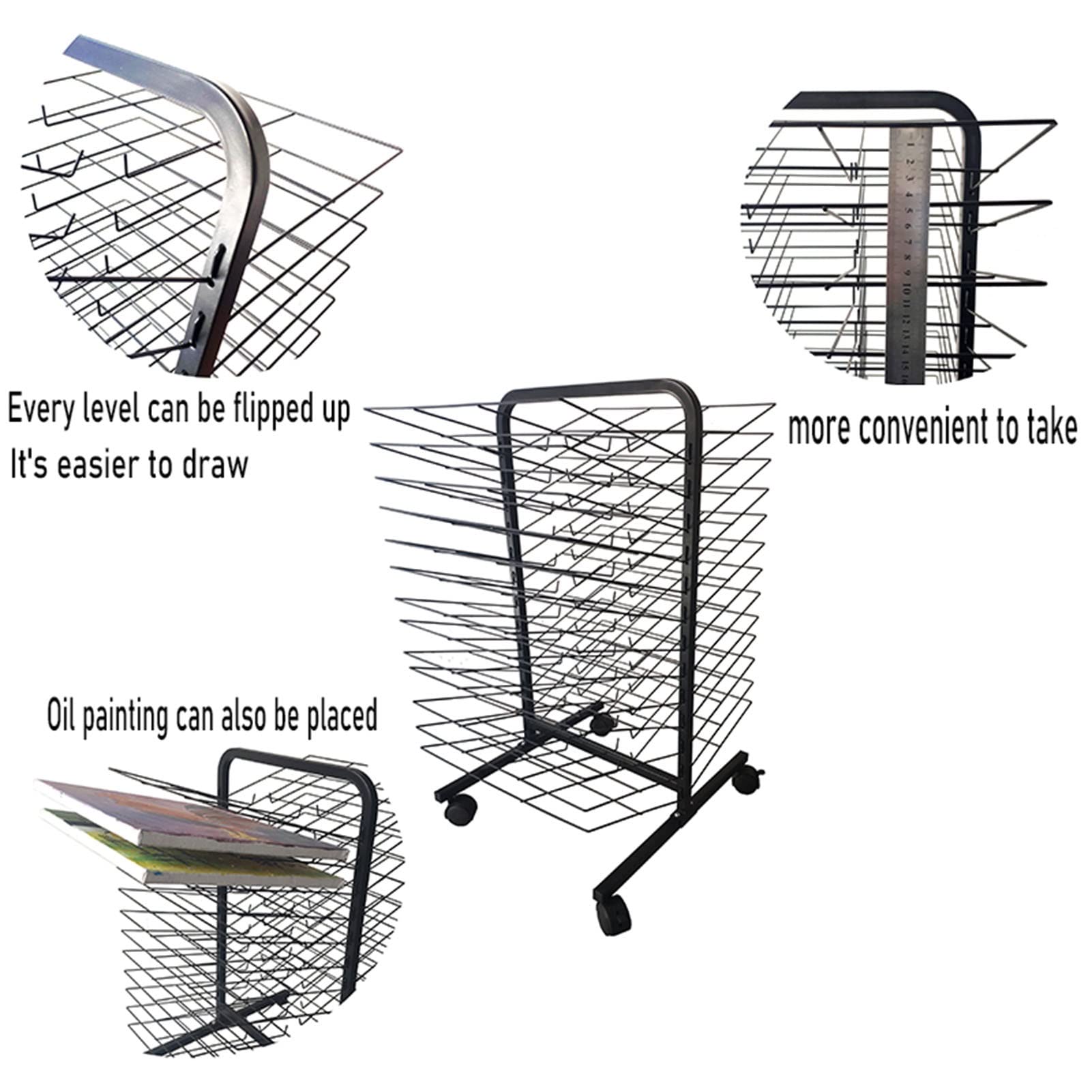 JIAHESHYP Art Metal Print Rack, Drying Display, Storage Stand for Artworks, Posters, Prints, Great Assistant for Shows & Galleries, Easy Moving with Rolling Casters,Size : 44x42x106cm