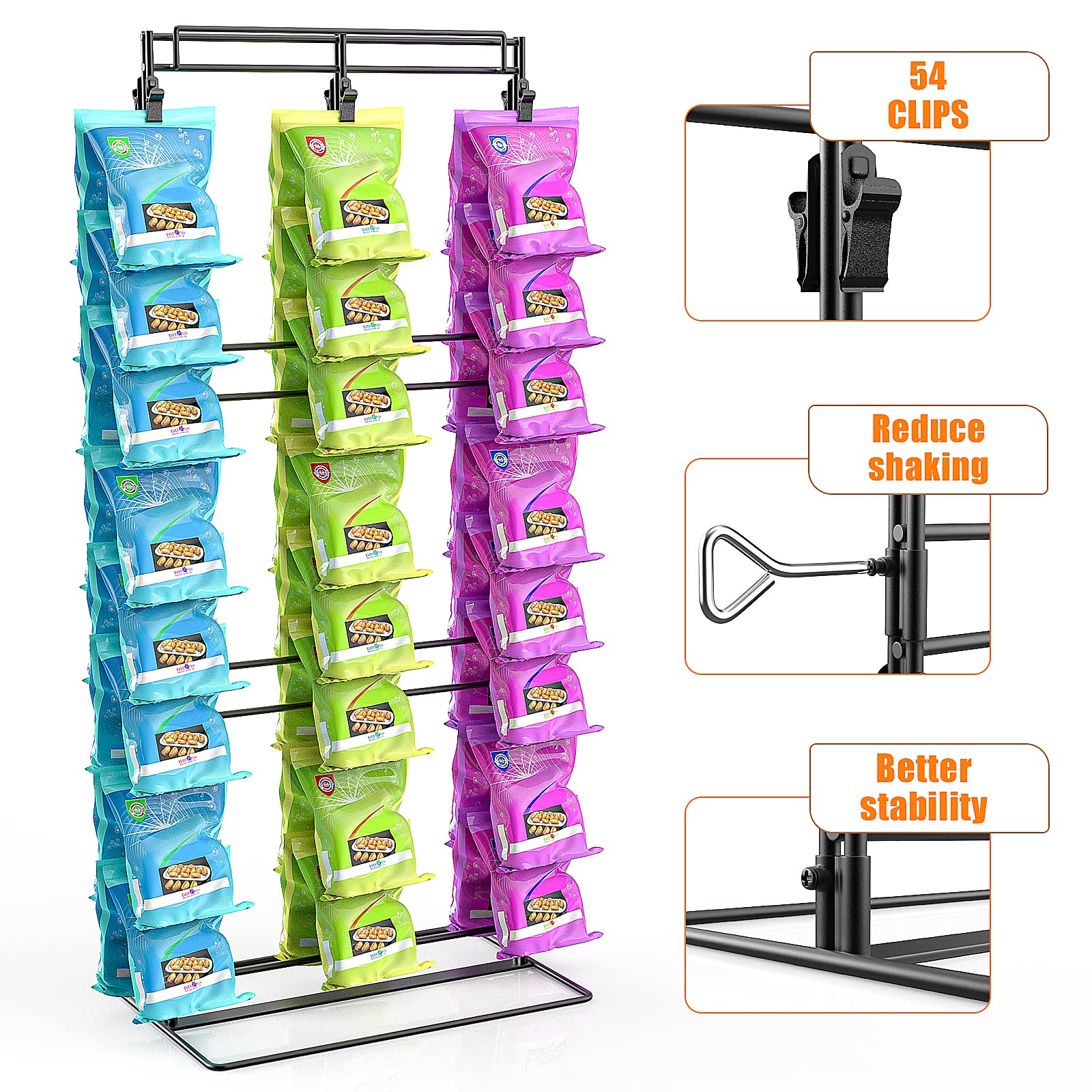 Eazy2hD Upgraded Potato Chip Rack Display with 54 Clips, 3-Row Chip Stand Display for Party, Countertop Chip Bag Holder, 30"x13.6" Matte Black Snack Display for Counter, Snack Rack Organizer
