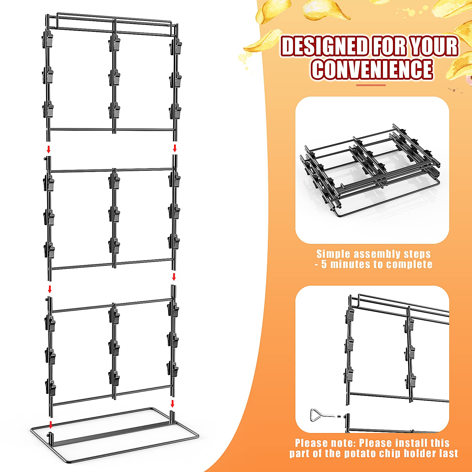Eazy2hD Upgraded Potato Chip Rack Display with 54 Clips, 3-Row Chip Stand Display for Party, Countertop Chip Bag Holder, 30"x13.6" Matte Black Snack Display for Counter, Snack Rack Organizer