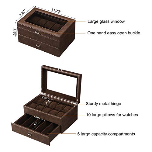 BEWISHOME Watch Box Luxury Watch Case -10 Slots Watch Organizer for Men with Drawer, Large Glass Top, Faux Leather,Brown SSH34Z