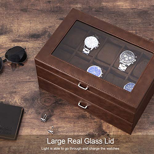 BEWISHOME Watch Box Luxury Watch Case -10 Slots Watch Organizer for Men with Drawer, Large Glass Top, Faux Leather,Brown SSH34Z