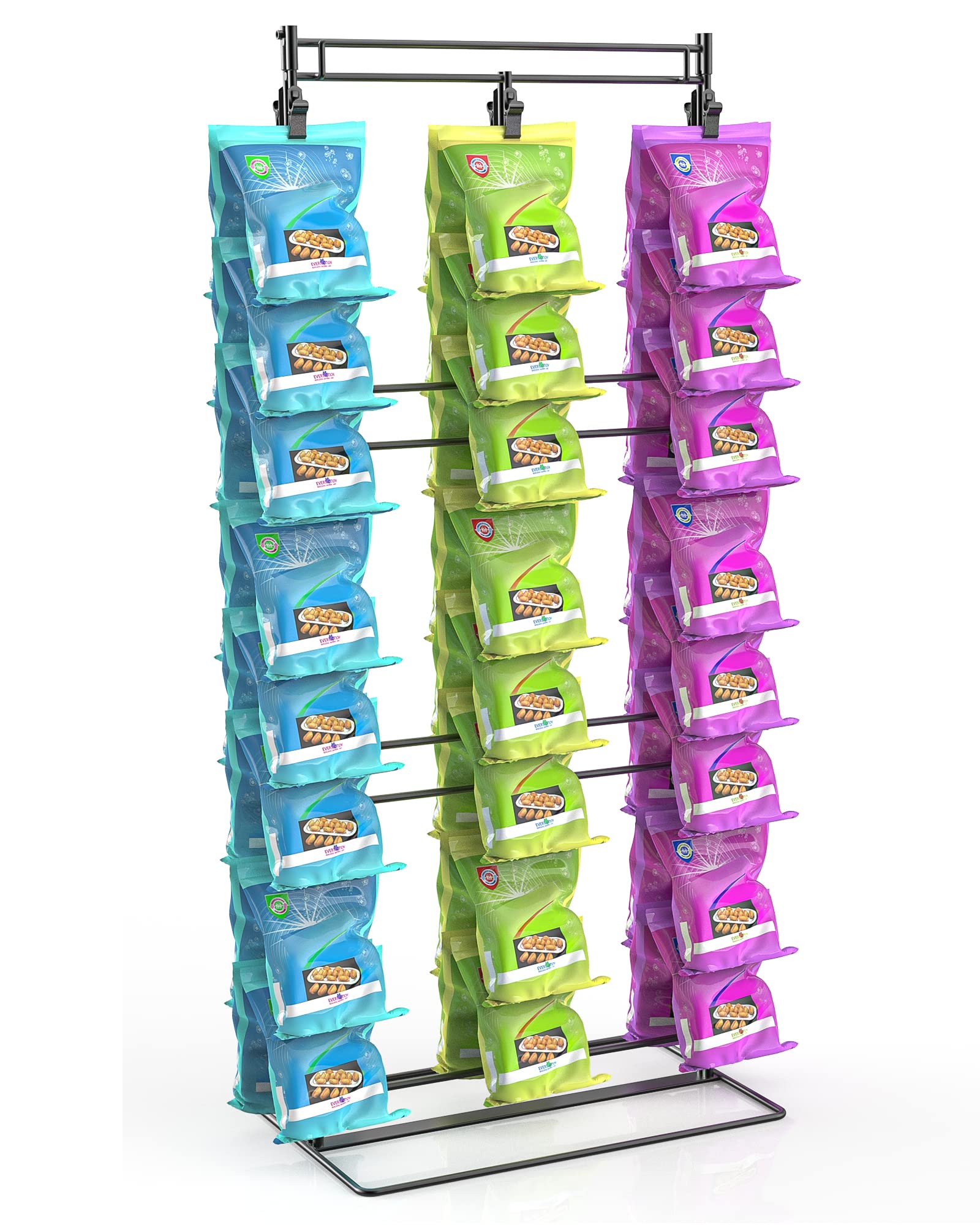 Eazy2hD Upgraded Potato Chip Rack Display with 54 Clips, 3-Row Chip Stand Display for Party, Countertop Chip Bag Holder, 30"x13.6" Matte Black Snack Display for Counter, Snack Rack Organizer