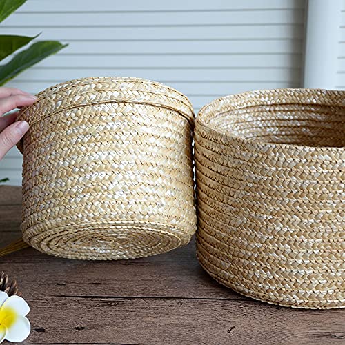 Zhuxin Woven Straw Storage Baskets with Lid, Rattan Snack Container Multipurpose Bins Laundry Toys Organizer Household, Round Medium Size, Diameter 18cm, Height 14cm