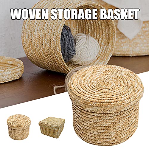Zhuxin Woven Straw Storage Baskets with Lid, Rattan Snack Container Multipurpose Bins Laundry Toys Organizer Household, Round Medium Size, Diameter 18cm, Height 14cm