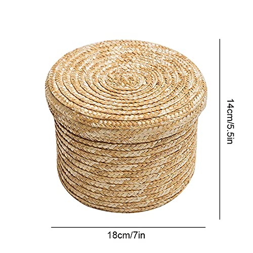Zhuxin Woven Straw Storage Baskets with Lid, Rattan Snack Container Multipurpose Bins Laundry Toys Organizer Household, Round Medium Size, Diameter 18cm, Height 14cm