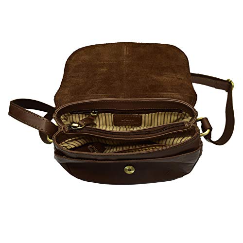 Zinda Genuine Leathers Saddlebag Flap Over Women's Handbag Crossbody Shoulder Sling Multiple Pockets (Brown)