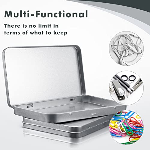 Metal Rectangular Tin Metal Hinged Lid Tin Metal Empty Box Container Silver Rectangular Storage Tin Box with Lid for Watercolor Jewelry Makeup Pill Candy Craft Organize (4 Pieces)