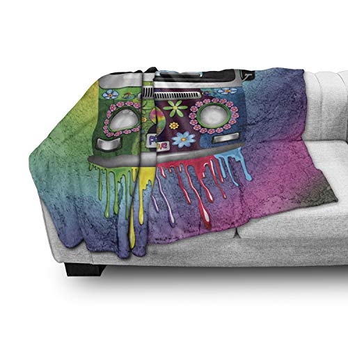 Ambesonne Groovy Throw Blanket, Old Style Hippie Van Dripping Rainbow Paint Mid 60s Youth Revolution Movement Theme, Flannel Fleece Accent Piece Soft Couch Cover for Adults, 70" x 90", Magenta
