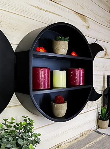 Ebros Light Duty Black Wicca Sacred Triple Moon Feminine Goddess Wall Hanging Floating Foldable Hinged MDF Wood Shelf with Tiers 14" Tall 36" Wide Occult Wiccan Home Office Room Accent
