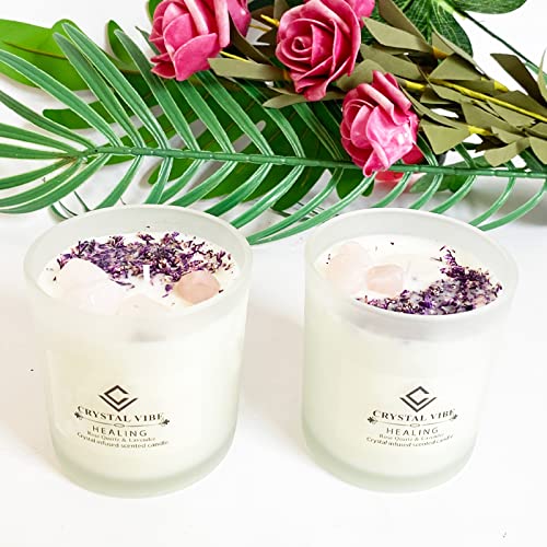 Crystal Vibe Healing Crystal Candle With Rose Quartz Crystals and Lavender Petals - Natural Soy Wax Lavender Scented Candle With Crystals Inside for Home Décor Clearance - Aromatherapy Meditation