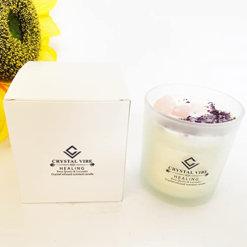 Crystal Vibe Healing Crystal Candle With Rose Quartz Crystals and Lavender Petals - Natural Soy Wax Lavender Scented Candle With Crystals Inside for Home Décor Clearance - Aromatherapy Meditation