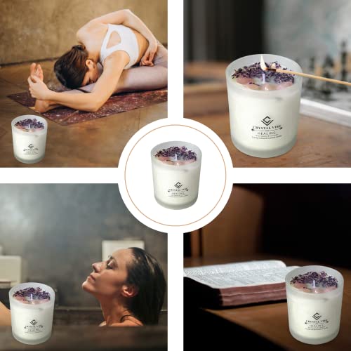 Crystal Vibe Healing Crystal Candle With Rose Quartz Crystals and Lavender Petals - Natural Soy Wax Lavender Scented Candle With Crystals Inside for Home Décor Clearance - Aromatherapy Meditation