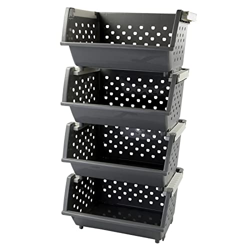 Zerdyne 4-Pack Plastic Stacking Storage Basket, Stackable Organizer Bin, Gray