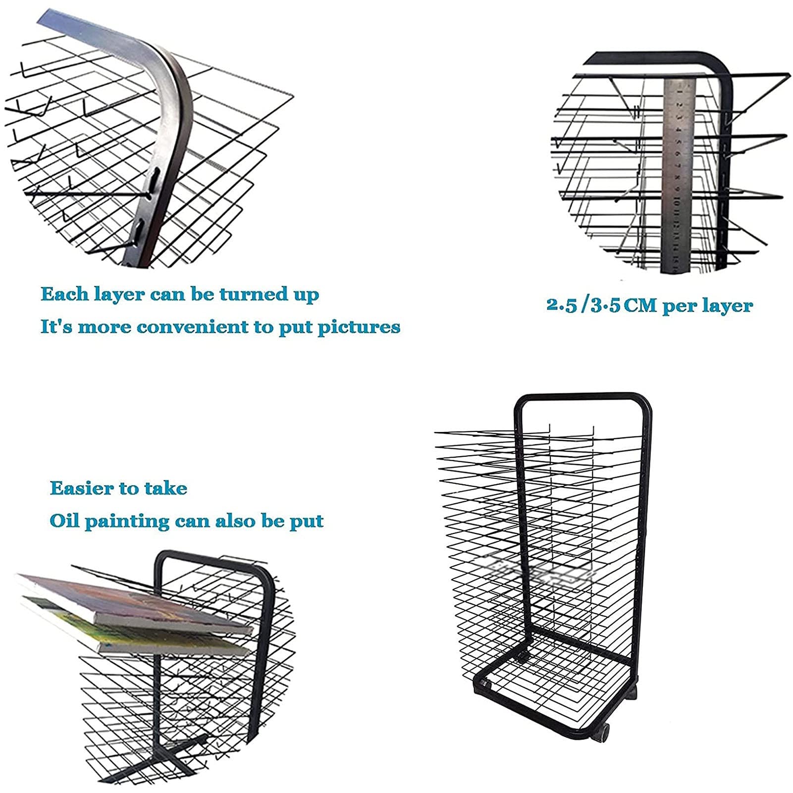 DONGYUE Art Drying Rack for Art Metal Wire Work Display Rack, Art Carts with Wheels for Classroom Art Studios and Home Use. Drying & Print Racks (Size : 57x47x97(25 Layers))