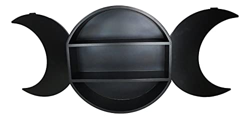 Ebros Light Duty Black Wicca Sacred Triple Moon Feminine Goddess Wall Hanging Floating Foldable Hinged MDF Wood Shelf with Tiers 14" Tall 36" Wide Occult Wiccan Home Office Room Accent