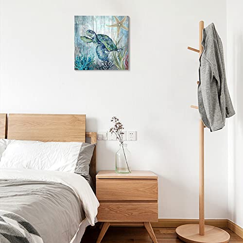 HGTUSJHC Sea Turtle Bathroom Wall Decor Modern Canvas Ocean Theme Painting Pictures Art Framed Artwork for Bedroom Home Office Kitchen Rustic Green Decoration Size 14x14, Blue and Green