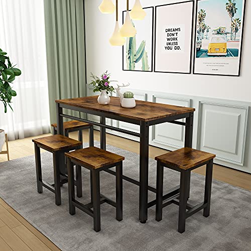 AWQM 5 Pcs Dining Table Set, Modern Bar Table Set with 4 Chairs, Home Kitchen Breakfast Table and Chairs Set Ideal for Pub, Living Room, Breakfast Nook, Easy to Assemble (Rustic Brown)